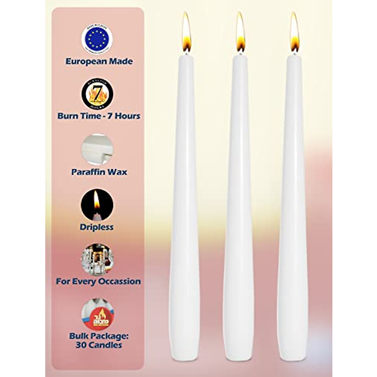 Classic White Taper Candles – 8 Inch – 30 Bulk Pack – for Shabbat, Dinner Tables, Restaurants, Ceremonies and Emergency - 7 Hour Burn Time