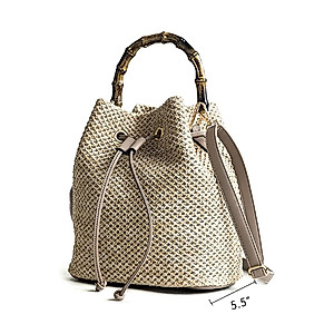QZUnique Straw Bucket Bags for Women Top Handle Drawstring Woven Handbag Shoulder Bag Summer Beach Purses with Bamboo Handle