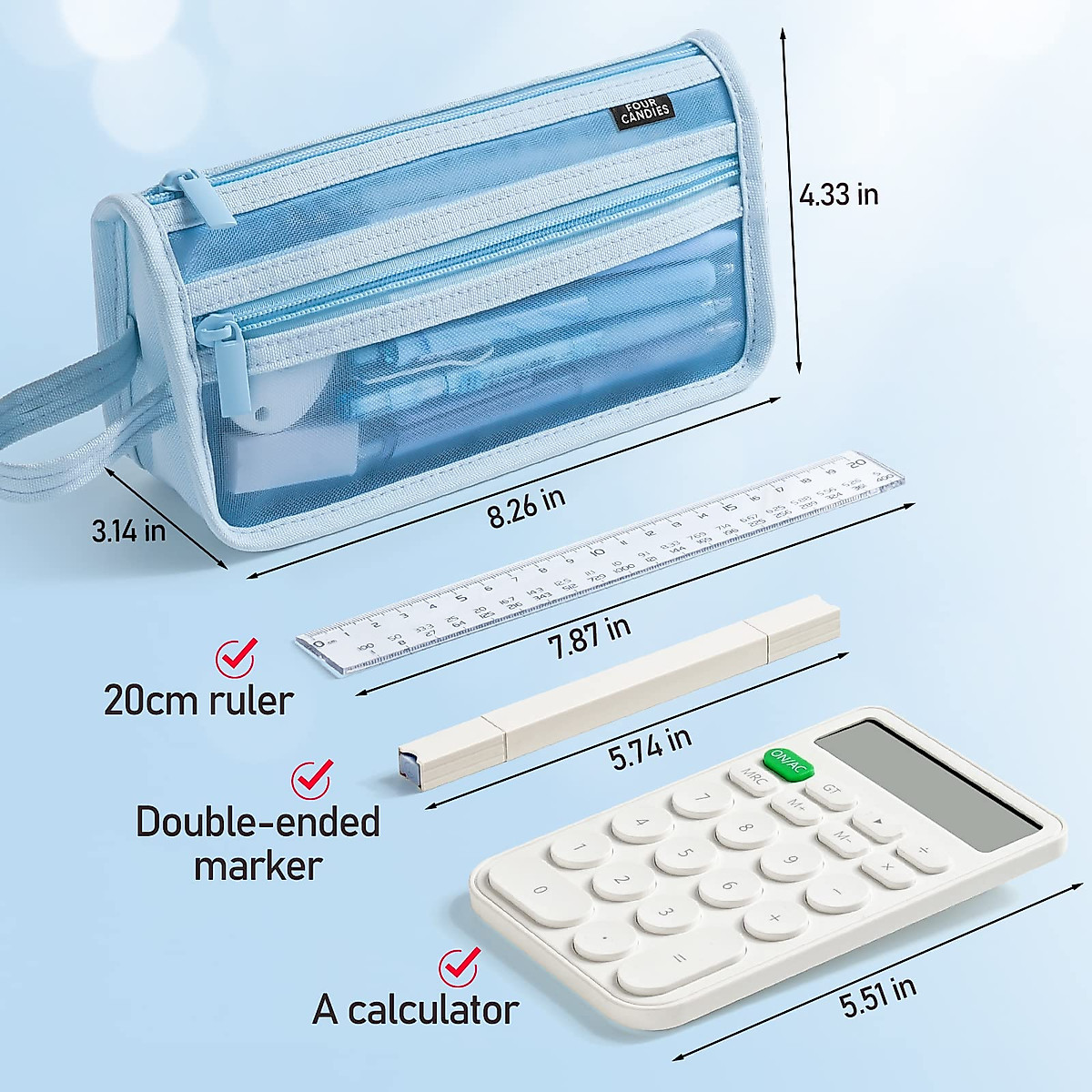 Four Candies Grid Mesh Pencil Case with Handle and Zipper, Clear Double-layer Pencil Pouch Marker Pouch, Travel Makeup Bag, Cute Transparent Stationary Organizer Pen Bag for Adult Office College