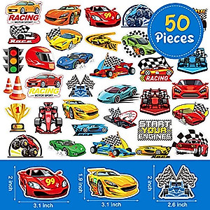 98 PCS Race Cars Party Favor Supplies Kit Racecar Birthday Themed Decoration Set with Mini Race Cars Toys Cartoon Transportation Stickers Keychain Wristband Bracelet Badge Pack for Boys Girls