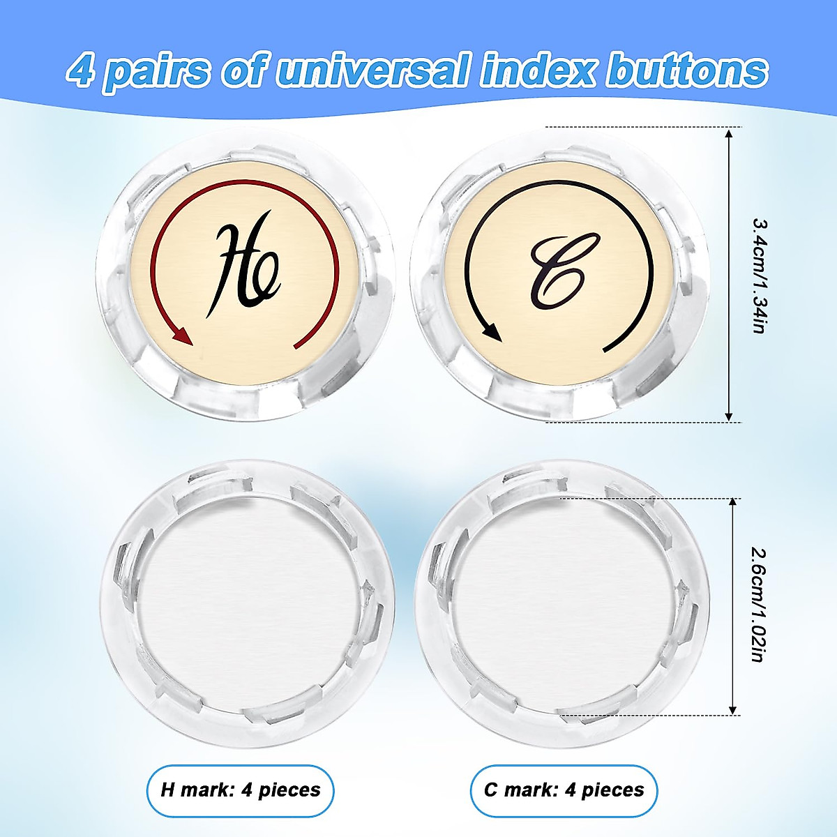 8pcs Faucet Index Buttons, 1.34 Inch Diameter Hot and Cold Bathroom Sink Shower Knobs Handle Sign Stickers Replacement Parts Caps Accessories Compatible with Delta/LDR/Delex Double Handle Faucet