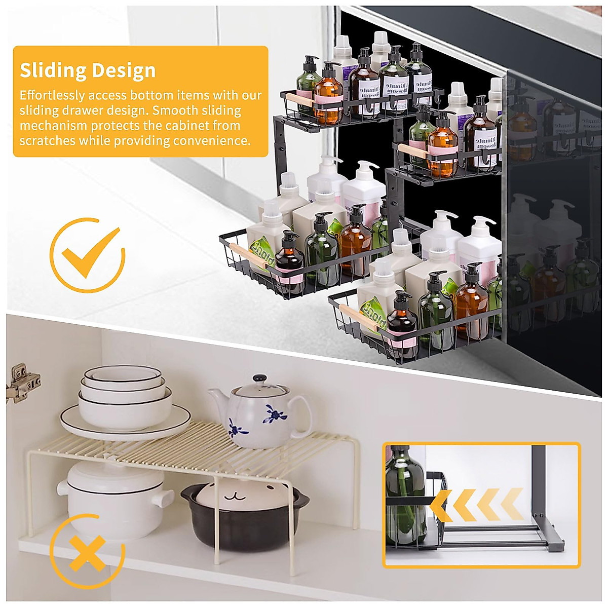 Under Sink Organizer and Storage, 2 Pack Adjustable Height Pull Out Cabinet Organizer Slide Out Sink Shelf Cabinet Storage Drawer with 8 Hooks, Under Sink Organizer for Kitchen Bathroom Cabinet