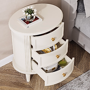 Tribesigns Nightstand with 3 Drawers, Oval Bed Side Table for Bedroom, Fully Assembled, Modern Night Stand with Storage, Wooden Side End Table with Solid Wood Legs for Living Room, Beige White