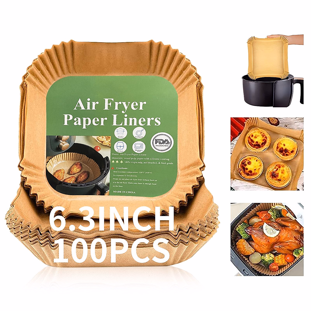 Air Fryer Liners Disposable Square, 100PCS 6.3 INCH Airfryer Liners, Natural Non-stick Parchment Paper for Air Fryer Oil-proof Water-proof, Paper liners for air fryer, Steamer, Baking, Microwave Etc