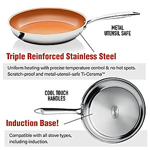 Gotham Steel Stainless Steel Premium 10” Frying Pan, Triple Ply Reinforced with Super Nonstick Ti- Cerama Copper Coating and Induction Capable Encapsulated Bottom – Dishwasher Safe