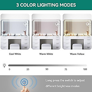 YITAHOME Vanity Desk Set with Large LED Lighted Mirror & Power Outlet, Glass Top Vanity with 11 Drawers and Magnifying Glass, 46'' Large Makeup Vanity with Storage Bench, White Vanity for Bedroom