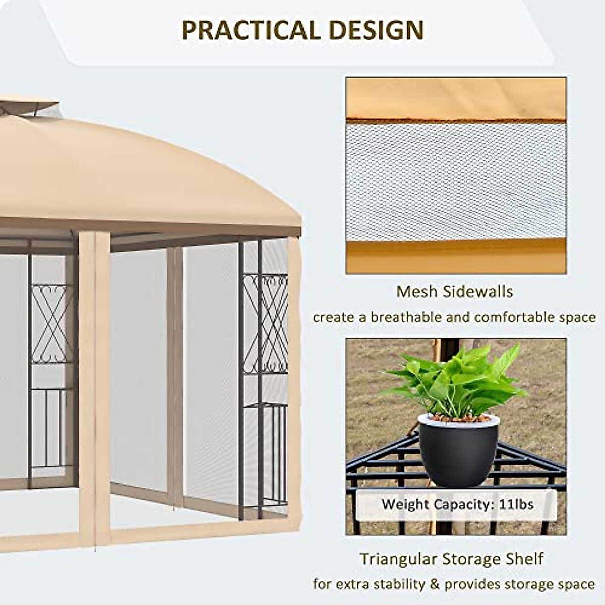 Outsunny 10' x 10' Patio Gazebo with Corner Shelves, Double Roof Outdoor Gazebo Canopy Shelter with Removable Mesh Netting, for Garden, Lawn, Backyard and Deck, Beige