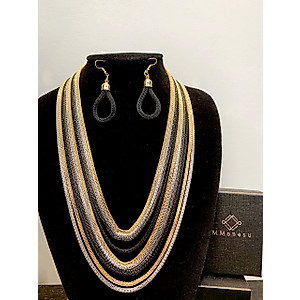 MMonesu Long Statement Necklace Waterfall Multi Strand Statement Bib Necklace Alloy Multi Layer Choker 10 Layers Chunky Collar Jewelry，Long Chains，Dress Prom Party (Gold-Black-Silver)