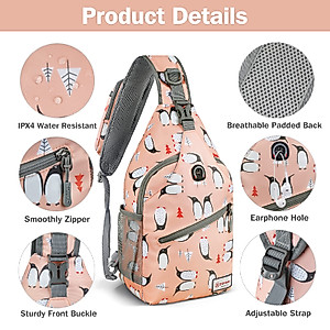 ZOMAKE Sling Bag, Penguin Pink, Nylon, 5 Separate Compartments, 10" iPad Compartment, Anti-Theft, Adjustable Reversible Shoulder Strap, Water Resistant