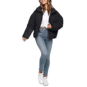 Womens Winter Cropped Puffer Jacket for Long Sleeve Oversize Puffy Coat Short Warm Quilted Jacket Black M