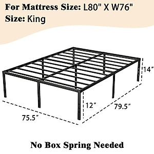 Jebosam King Size Bed Frame 14 inch Heavy Duty Steel Support 2500 lbs Bed Frame King No Box Spring Needed Easy to Assemble Non-Slip Noise Free Black Metal Bed Frame King Size