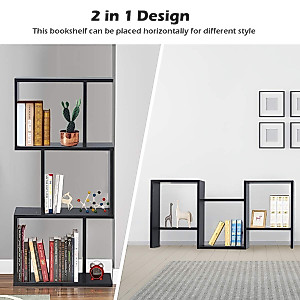 Giantex 3-Tier Bookshelf S Shaped Bookcase, Free Standing Industrial Storage Rack, Multifunctional Display Decor Furniture for Living Room Bedroom Office, 3 Shelf Bookcase (Black, 1)