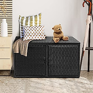 Tangkula Outdoor Wicker Storage Box, Garden Deck Bin with Steel Frame, Rattan Pool Storage Box with Lid, Ideal for Storing Tools, Accessories and Toys, 88 Gallon Capacity (Black)