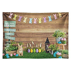 Funnytree 8x6ft Durable Fabric Spring Happy Easter Photography Backdrop No Wrinkles Rustic Wooden Wall Background Bunny Rabbit Eggs Grass Floral Baby Kids Portrait Party Decor Banner Photo Booth