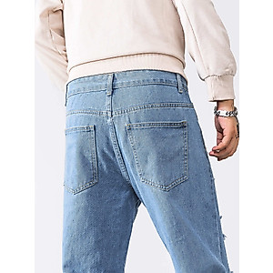 WDIRARA Men's Cut Out Ripped Frayed Zipper Fly Long Straight Leg Denim Jeans Light Wash L