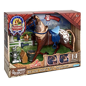 Sunny Days Entertainment Appaloosa Horse with Moveable Head, Realistic Sound and 14 Grooming Accessories - Blue Ribbon Champions Deluxe Toy Horses