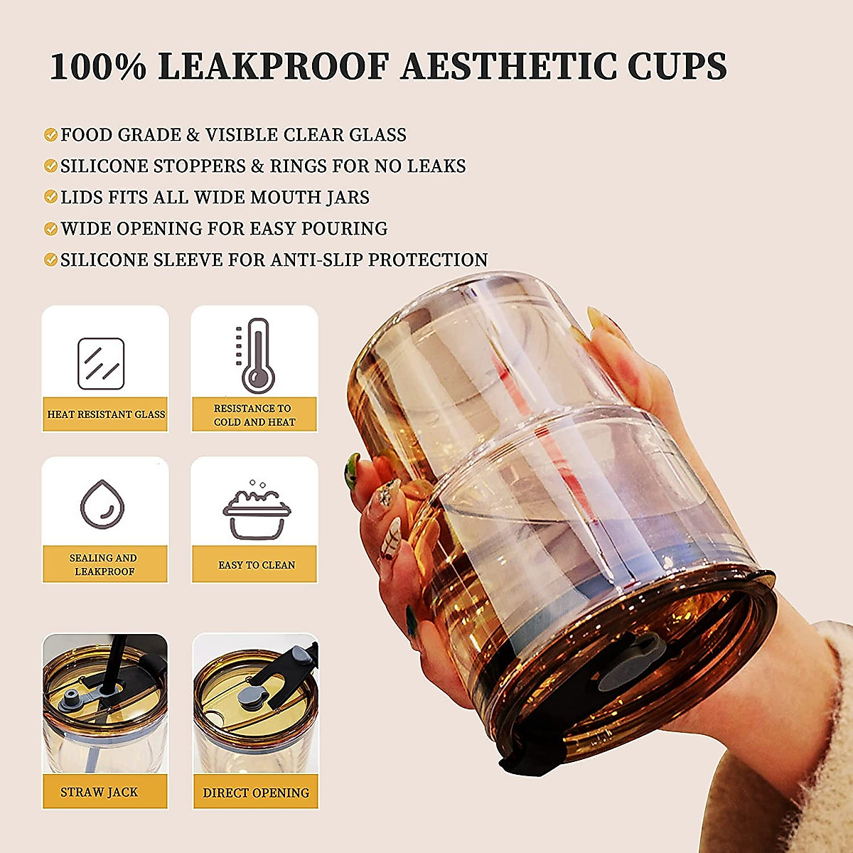 Glass Water Bottles,15oz Glass Tumbler Wide Mouth Mason Jar with Lid and Straw,2 Drinking Ports Aesthetic Cups,Reusable Drinking Jars for Tea, Beer,Iced Coffee,Honey,smoothies,Juice etc (Amber)