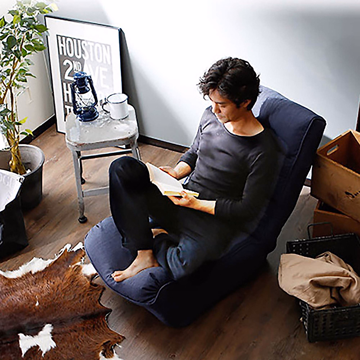 FIQHOME Lounge, Single, 3 Angles Adjustable Floor, Folding Japanese Lazy Sofa Tatami Balcony Reclining Chair for Living Room,Navy