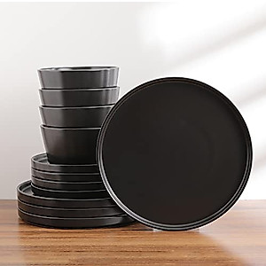 Stone Lain Celina Modern Stoneware 24-Piece Dinnerware Set, Dinner and Salad Plates, Soup Bowls, Dish set for 8, Black