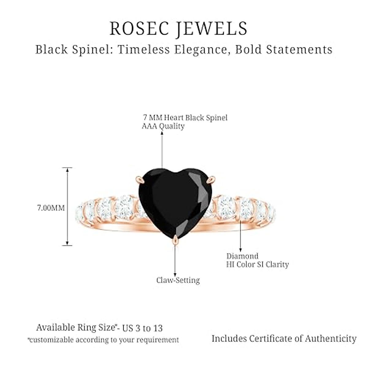 Natural Black Spinel 7mm Heart Shaped Engagement Ring, AAA Quality, Black Spinel Diamond Solitaire Ring, 14K Rose Gold, Size:US 8.50