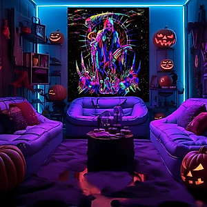 Blacklight Skull Tapestry for Bedroom, Hippie Grim Reaper and Skeleton Posters Wall Hanging for Men Room Decor, Large Black Light Cool Gothic Tapestries for Men Living Room Dorm Decor (60in x 79in)