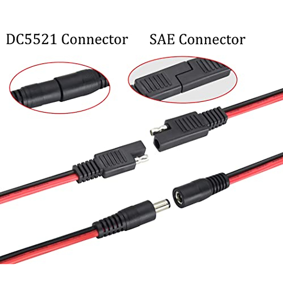 HCFeng 2Pack SAE to DC Adapter Cable SAE Plug to DC 5.5mmx2.1mm Male Connector Cables with SAE Polarity Reverse Adapter & DC8/6.5/5.5/4.0/3.5(mm) Adapters for Solar Battery Panel (14AWG 2ft/60cm)