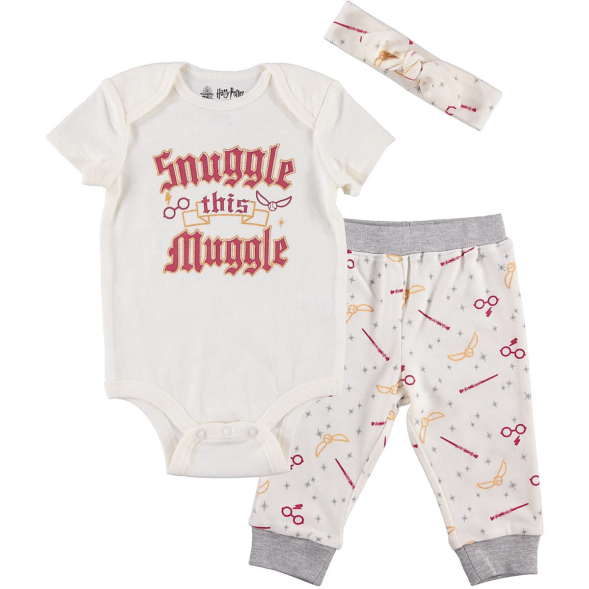 Harry Potter Newborn Baby Girls Short Sleeve Bodysuit Pants and Headband 3 Piece Outfit Set White 0-3 Months