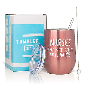 Nurse Wine Tumbler with Lid, Straw, and Cleaning Brush - Nurse Gifts for Women - Insulated Stainless Steel Wine Tumbler - Dishwasher Safe - Funny RN Gifts for Nurses - Rose Gold - 12oz