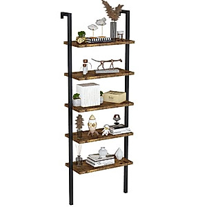 DKLGG 5-Tier Book Shelf Rack Against The Wall, Tall Ladder Shelf Wooden Bookcase Metal Frame Storage Plant and Flower, Single Standing Bookshelf Ladder ​for Living Room, Bedroom, Balcony, Home Office
