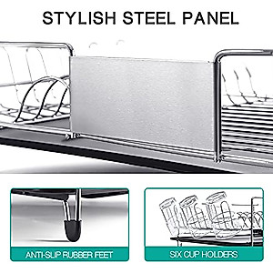 TOOLF Stainless Steel Dish Drying Rack, Kitchen Sink Organizer and Drainboard Set, Large Capacity Dish Drainer Kitchen Accessories with 360° Swivel Spout, Cup Holder & Cutlery Box, One Piece