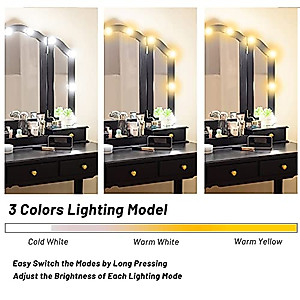 Caroeas Vanity, Tri-Fold Makeup Vanity with Mirror, Lights and Padded Vanity Stool, Solid Wooden Vanity Set, 4 Drawers, 2 Brush Slots and 2 Open Compartments, Black Vanity Table