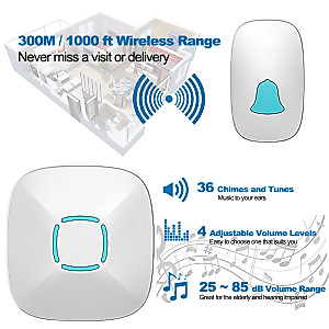 Doorbell, Lovin Product Waterproof Wireless Doorbell Chime Kit with 36 Chimes, Adjustable Volume; 1000feet Operating, with Sound LED Flash Door Bell for Home (1 Receiver x 1 Push Button)