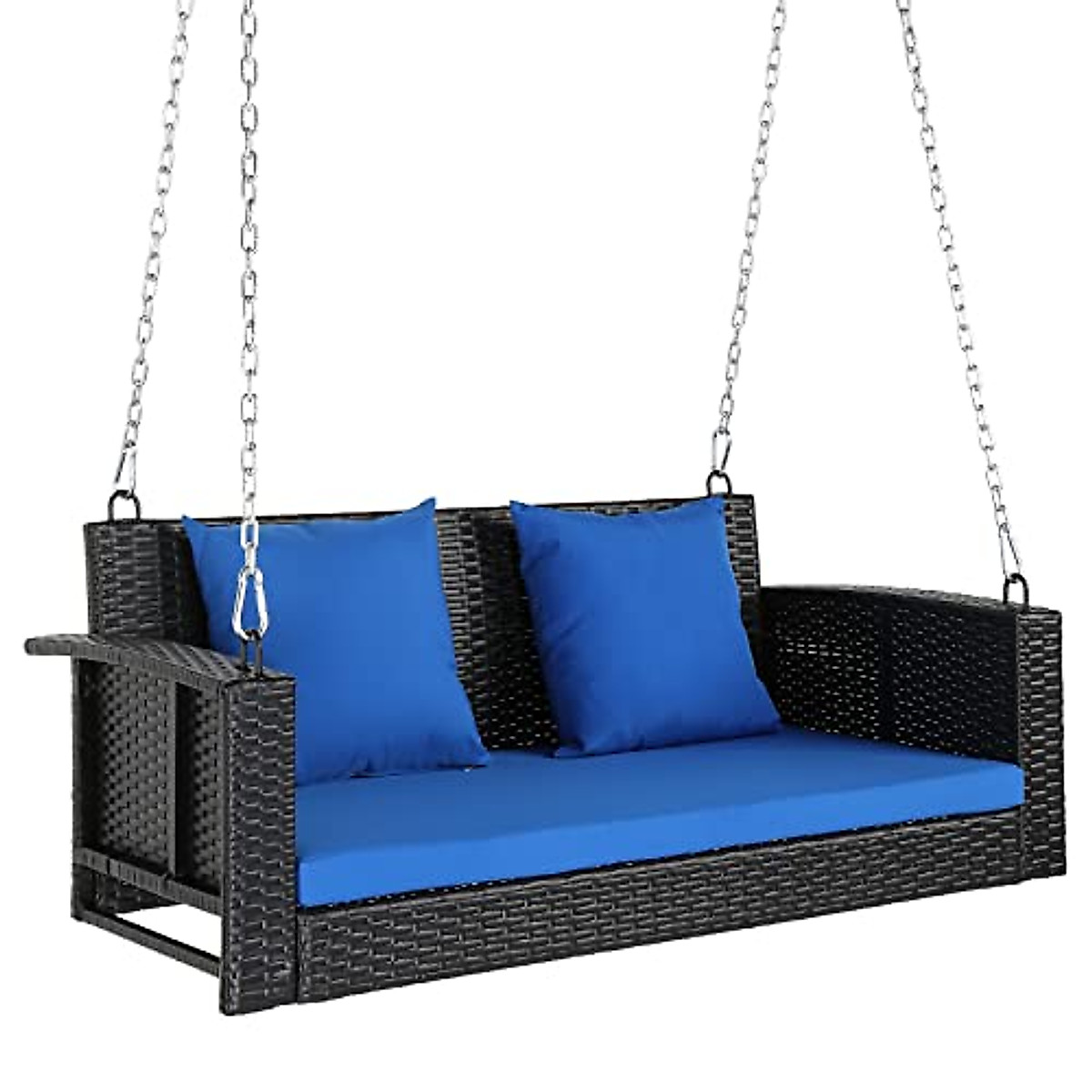 VINGLI Heavy Duty 800 LBS Wicker Hanging Porch Swing with Cushions & Chains, 4FT Outdoor Rattan Swing Bench for Garden, Yard, Lawn (Black+Blue)