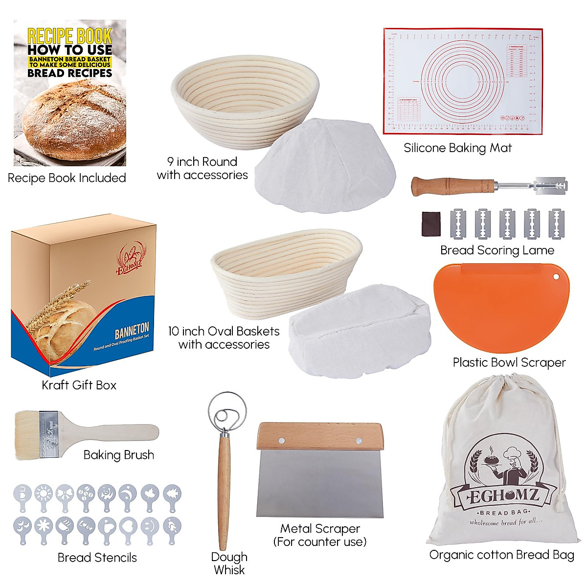 17 Pieces Banneton Bread Proofing Basket Set - 9 inch Round and 10 inch Oval Sourdough Bread Proofing Baskets - A Complete Bread Making Kit, Danish Whisk, Bowl Scraper, Dough Scraper, & Bread Lame