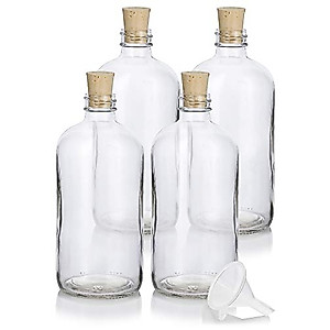 JUVITUS 16 oz Clear Glass Boston Round Bottle with Cork Stopper Closure (4 Pack) + Funnel