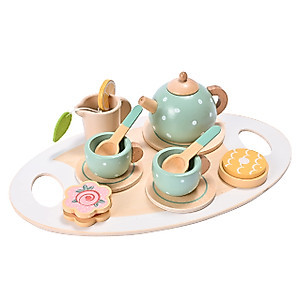 15pcs Wooden Tea Set for Little Girls, MONT PLEASANT Wooden Toys, Toddler Tea Set Play Kitchen Accessories Play Food playset for Kids Tea Party
