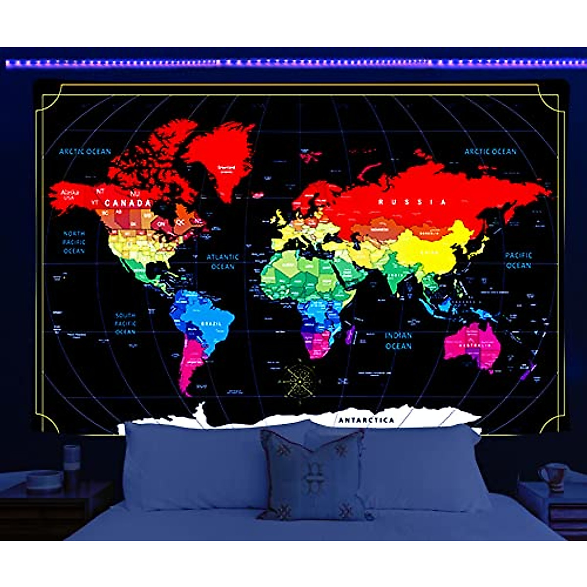 BIECWIAY World Map Blacklight Tapestry UV Reactive Tapestry for Bedroom Fantasy Trippy Tapestry Black Light Tapestry Aesthetic Wall Hanging for Room Home Decor