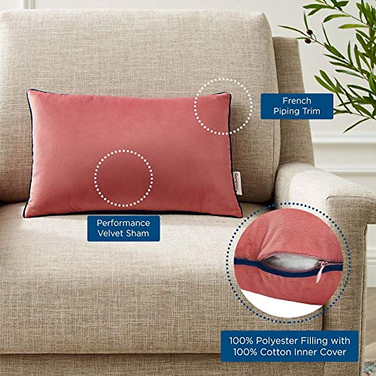 Modway Accentuate 18" Lumbar Performance Velvet Accent Throw Pillow, 12" x 18", Blossom Navy