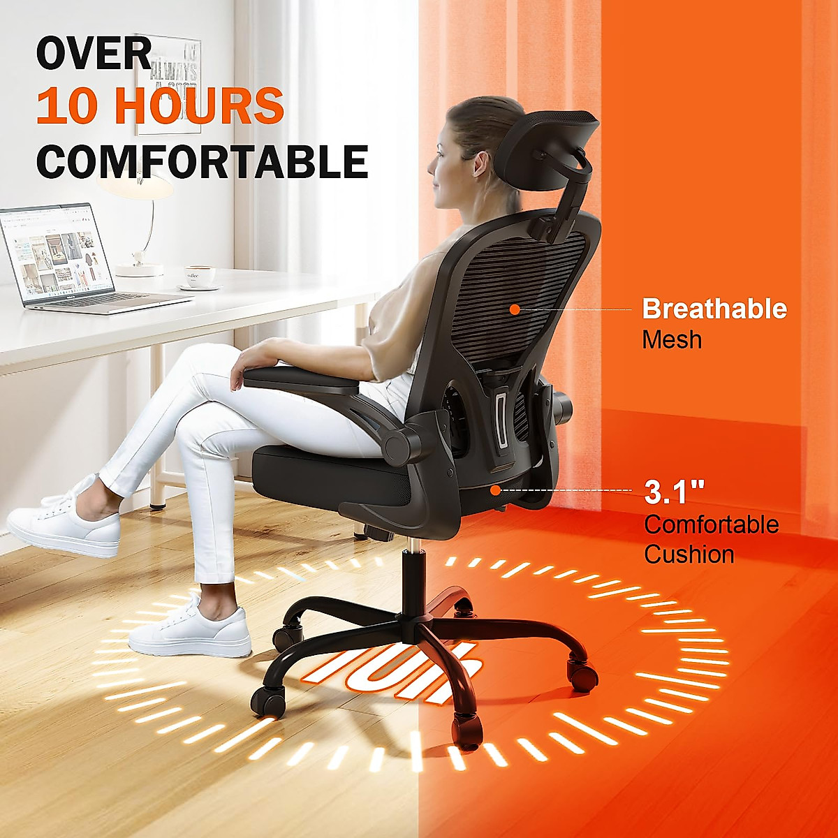 Ergonomic Office Chair Big and Tall, 350LBS Capacity, 6'5" Tall Max, Home High Back Desk Chair for Long Hours Comfortable, Adjustable Lumbar Support and Headrest, Flip-up Arm and PU Wheels, Black