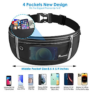 Running Belt Fanny Packs for Men Women,ROSIMAX Waist bag Money Belt Running Phone Holder 4 Pockets Lycra Water Resistant Runners Belt Pouch For Sports Workout Fits Big Phones Up to 8’’（X-Large)