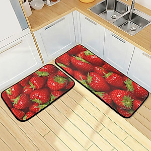 ALAZA Strawberry Fruit Red Non Slip Kitchen Floor Mat Set of 2 Piece Kitchen Rug 47 x 20 inches + 28 x 20 inches for Entryway Hallway Bathroom Living Room Bedroom