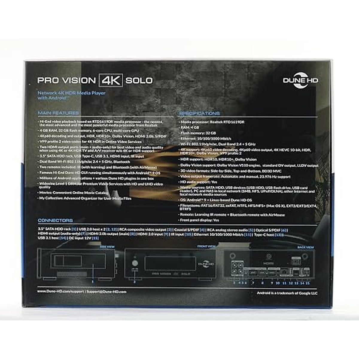 Dune HD Pro Vision 4K Solo | HDR10+ | Ultra HD | 3D | DLNA | Media Player and Android Smart TV Box | RTD1619 | 3.5 SATA HDD Rack | HD-Audio, 2X HDMI, BT, WiFi, 4GB / 32GB