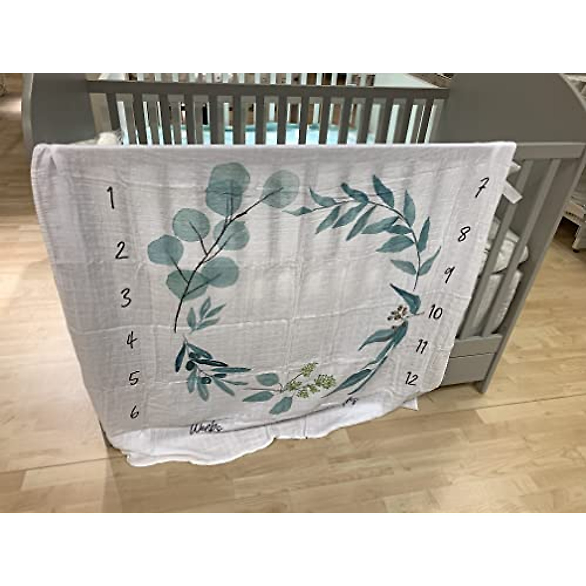 Organic Baby Monthly Milestone Blanket Newborn Boy Girl Unisex Gender Neutral| Green Leaf Wreath Eucalyptus Baby Nursery Month Picture Blanket| Growth Photography Background Prop|Birth Announcement