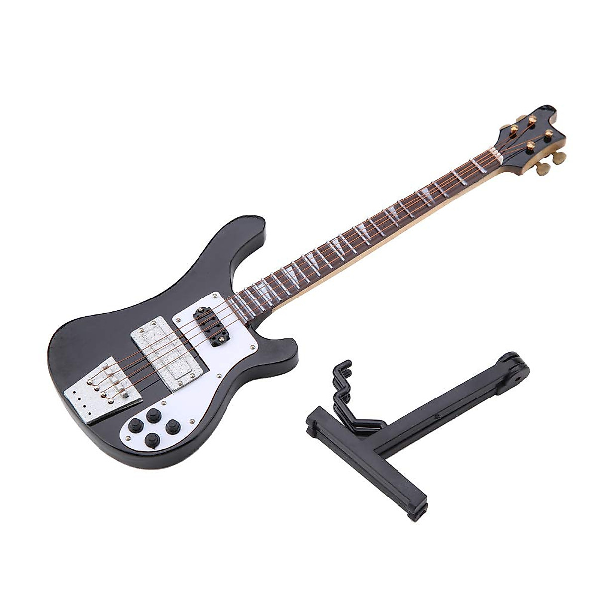 Black Miniature Bass Guitar Replica, with Stand and Case, Instrument Model Ornaments Gift, Exquisite Workmanship and Novel Design