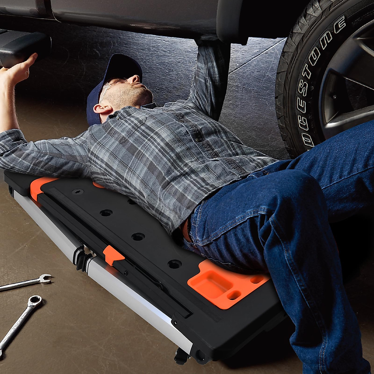 Evcitn Portable Workbench,7-in-1 Work Benches for Garage,45”Folding Work Table,Used as Car Creeper,Sawhorse,Platform,Scaffold,Hand Truck with 4 Wheels,550lbs Load Capacity