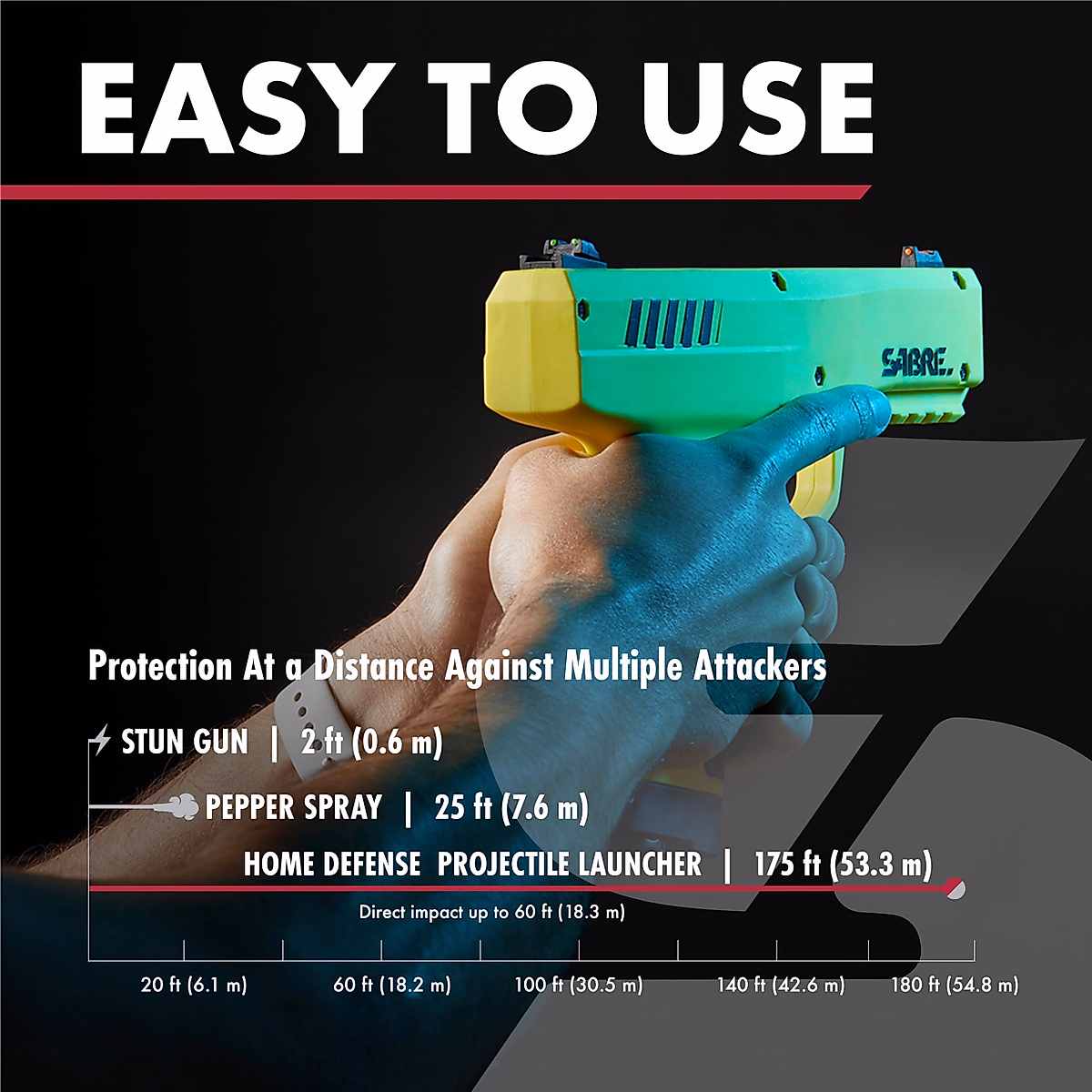 SABRE Home Defense Pepper Projectile Launcher, Large Size with (7) 0.68 Cal. Projectiles - 40% More Stopping Power for Extra Home Protection, 6.89”W x 8.56”H, and Made in USA SABRE Pepper Gel Canister