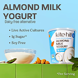 Kite Hill Plain Unsweetened Almond Milk Yogurt, 32 Ounces, Dairy Free, Live and Active Cultures, Gluten Free, Non-GMO, Vegan