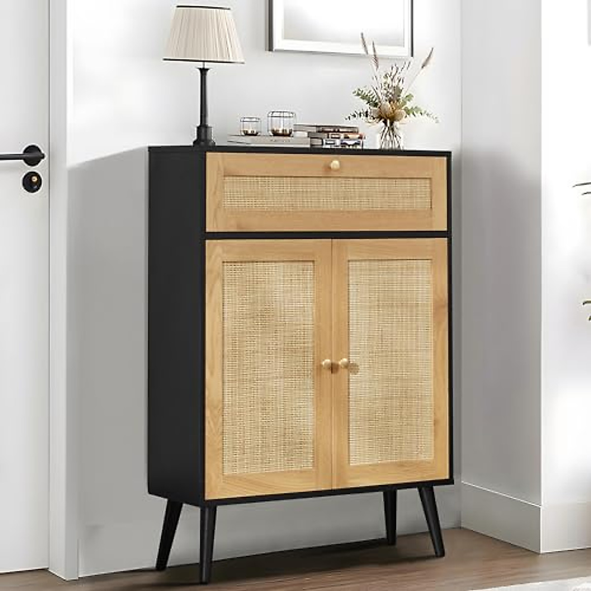 Iwell Storage Cabinet with Adjustable Shelf, Rattan Cabinet with Large Drawer, Accent Cabinet for Dining Room, Entryway, Living Room, Black