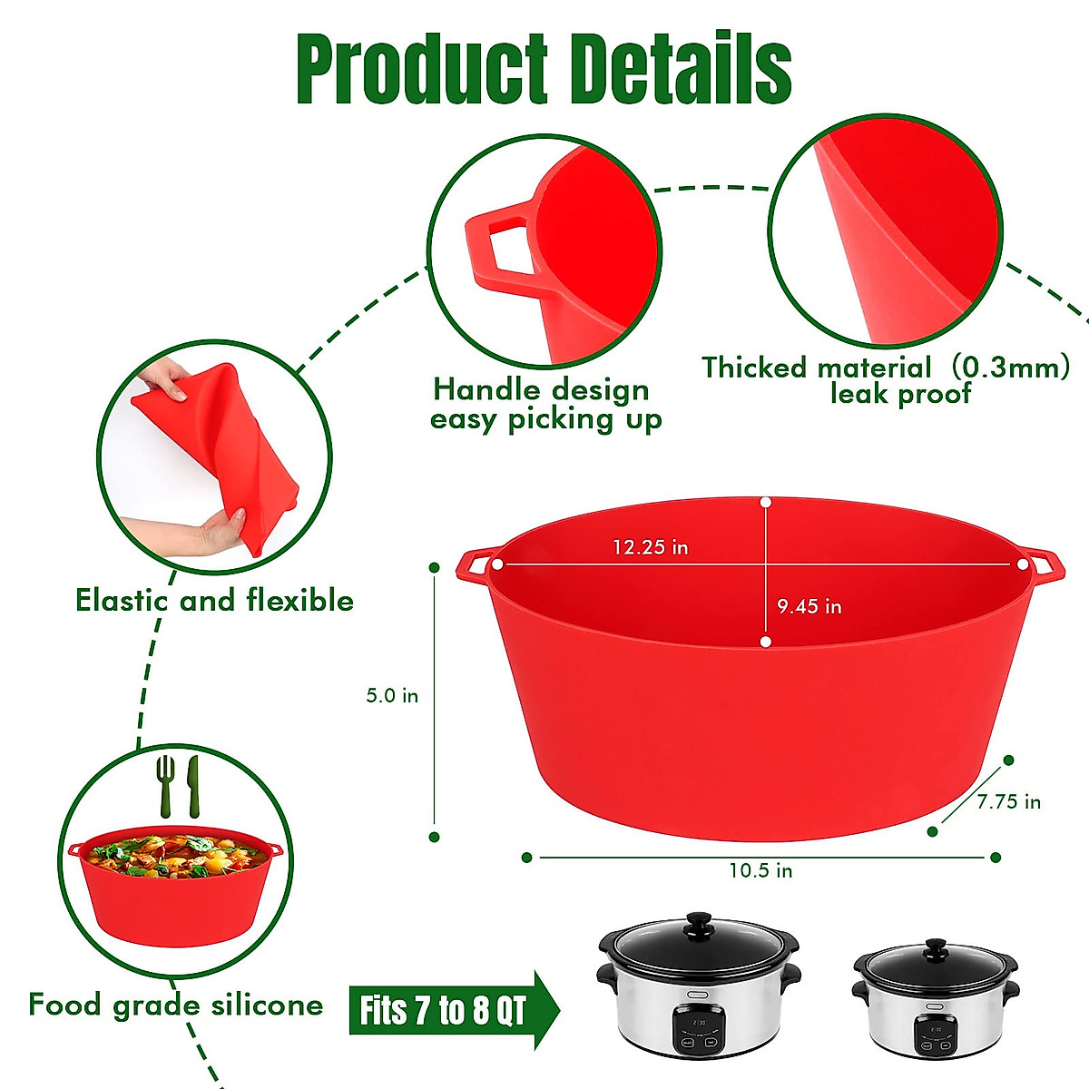 Silicone Crock Pot Liners, FRTIM Reusable Slow Cooker Liners Fit 7-8 Quart Oval Slow Cookers Leakproof Dishwasher Safe Cooking Pot Liner 1PCS - Red
