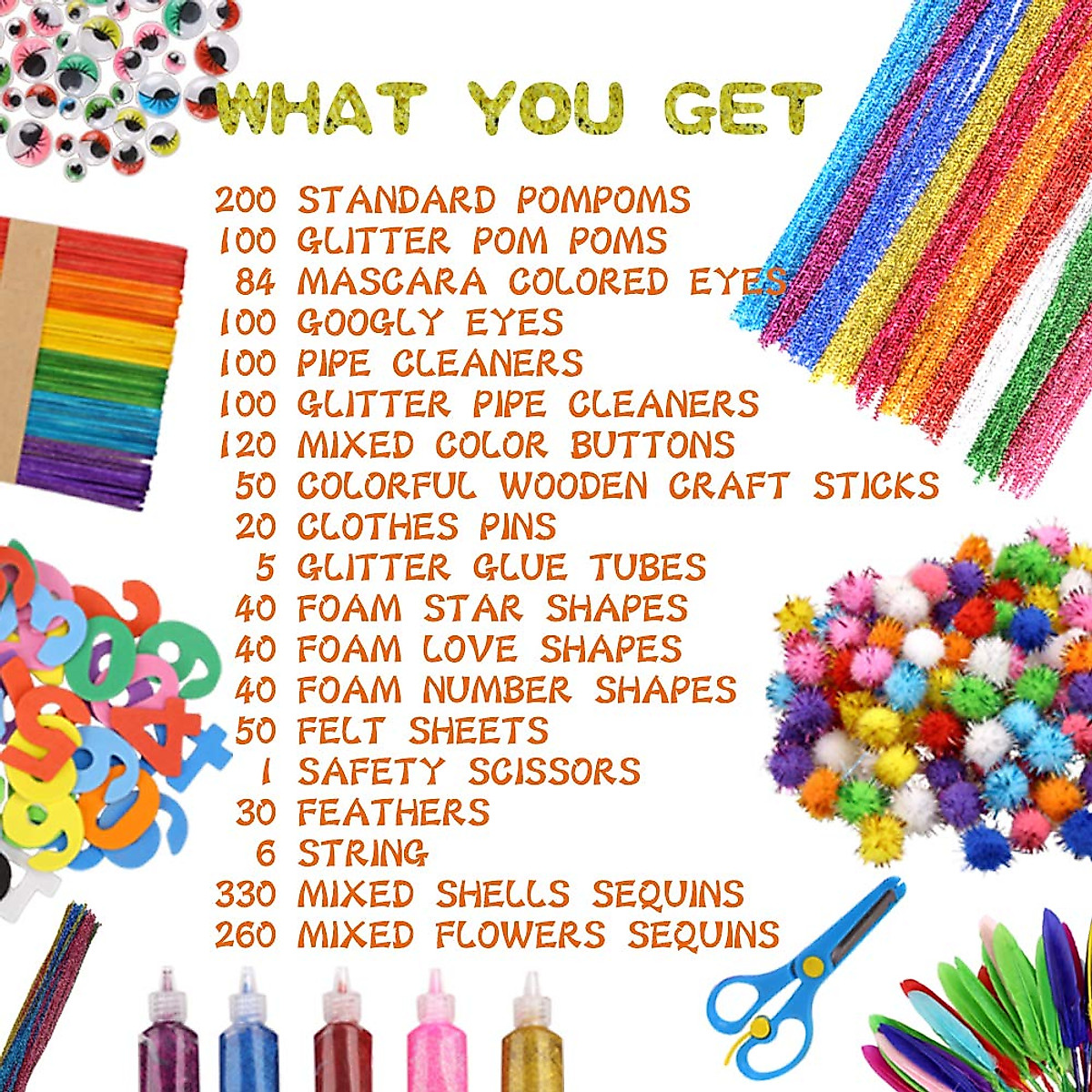 INFLORAL 1600+ Set Decorative toy mobiles and plush toys for Children made of felt/Bendable toys for Kids - Craft Accessories for Toddlers Googly Eyes Pipe Cleaners Poms Feathers Buttons Sequins